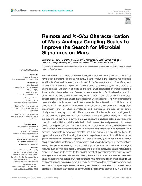 (PDF) Remote and in-Situ Characterization of Mars Analogs: Coupling ...