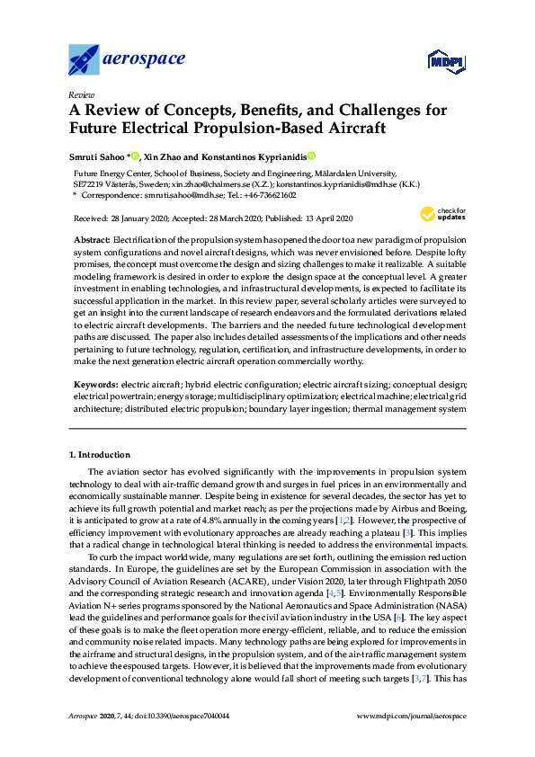 (PDF) A Review of Concepts, Benefits, and Challenges for Future Electrical Propulsion-Based Aircraft