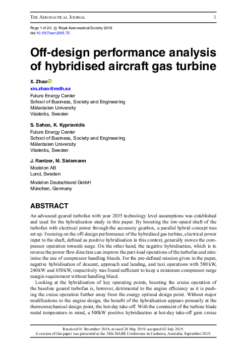 (PDF) Off-design performance analysis of hybridised aircraft gas turbine