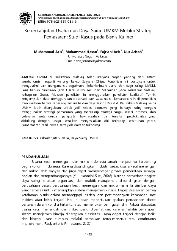 (PDF) Keberkanjutan Usaha dan Daya Saing UMKM Melalui Strategi Pemasaran: Studi Kasus pada ...