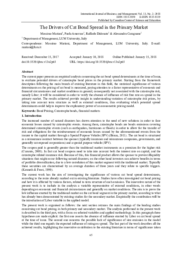 (PDF) The Drivers of Cat Bond Spread in the Primary Market