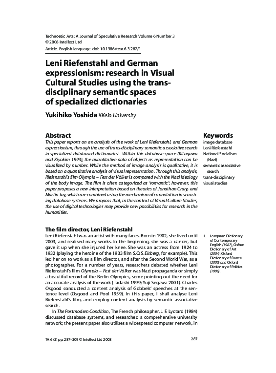 (PDF) Leni Riefenstahl and German expressionism: research in Visual Cultural Studies using the ...