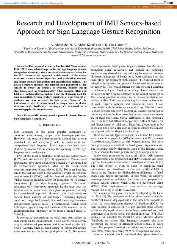 Pdf Research And Development Of Imu Sensors Based Approach For Sign Language Gesture