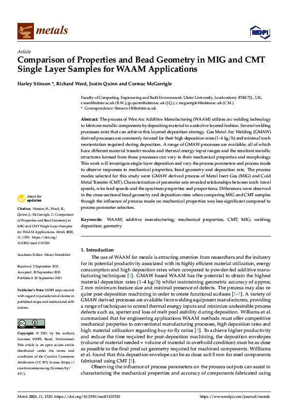 (PDF) Comparison of Properties and Bead Geometry in MIG and CMT Single Layer Samples for WAAM ...