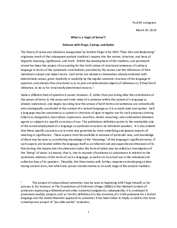 (PDF) What is a Logic of Sense Deleuze with Frege, Carnap, and Quine