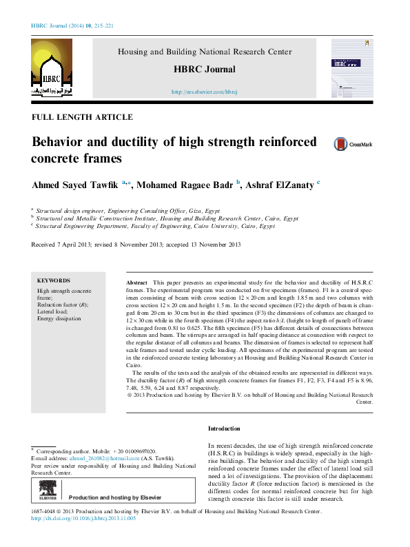 (PDF) Behavior and ductility of high strength reinforced concrete frames