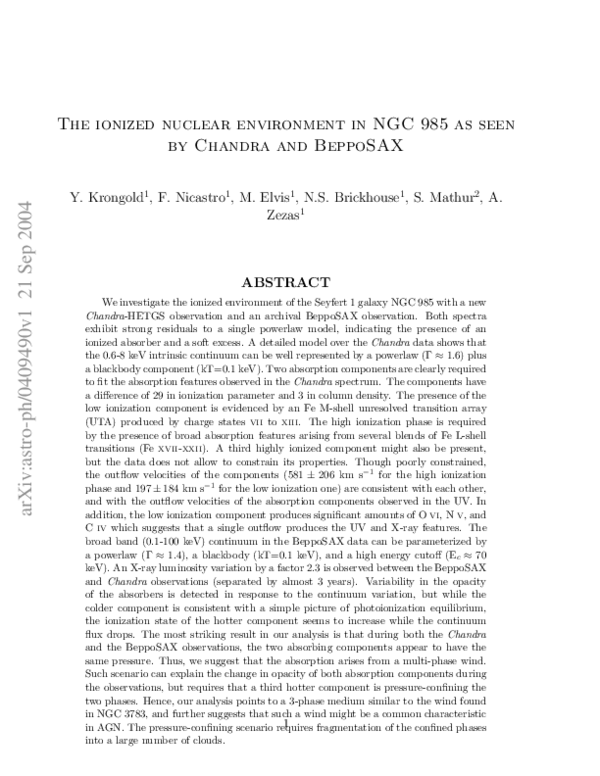 (PDF) The Ionized Nuclear Environment in NGC 985 as seen by Chandra and ...