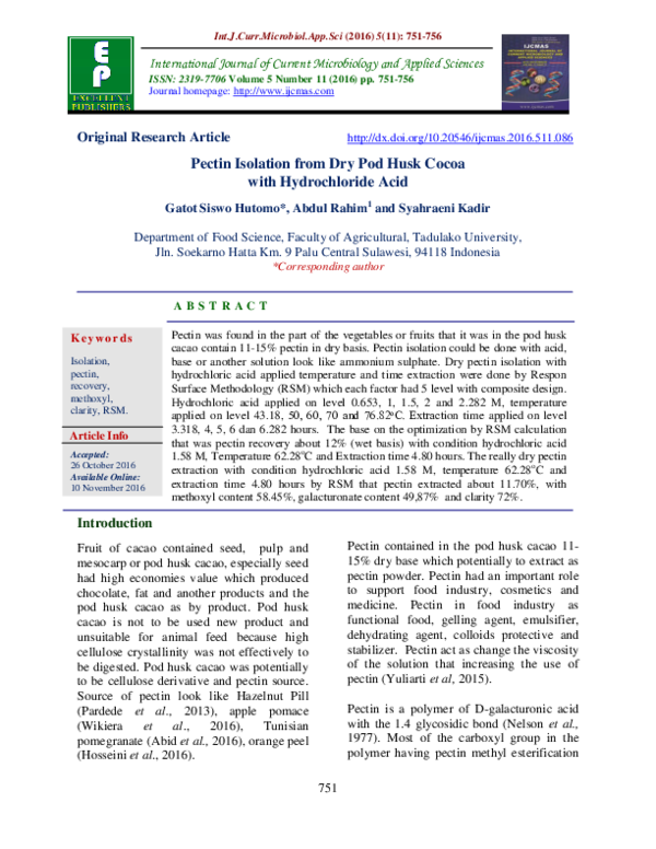(PDF) Pectin Isolation from Dry Pod Husk Cocoa with Hydrochloride Acid