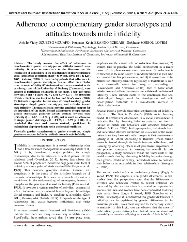 (PDF) Adherence to complementary gender stereotypes and attitudes towards male infidelity