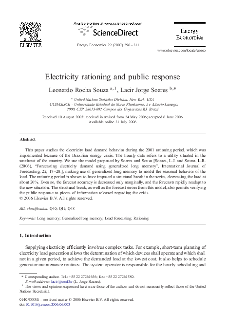 (PDF) Electricity rationing and public response | Lacir Jorge Soares ...