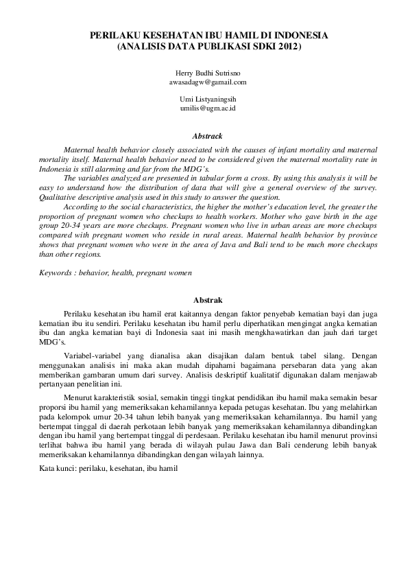 (PDF) Perilaku Kesehatan Ibu Hamil DI Indonesia (Analisis Data Publikasi Sdki 2012) | Umi ...