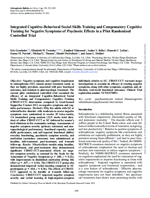 (PDF) Integrated Cognitive-Behavioral Social Skills Training and ...