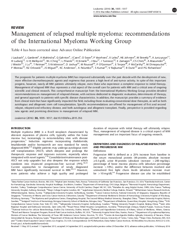 (PDF) Management of relapsed multiple myeloma: Recommendations of the international myeloma ...