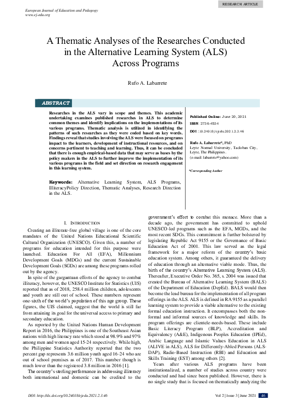 (PDF) A Thematic Analyses of the Researches Conducted in the Alternative Learning System (ALS ...