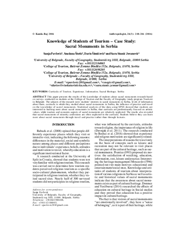 Knowledge of Students of Tourism – Case Study: Sacral Monuments in Serbia