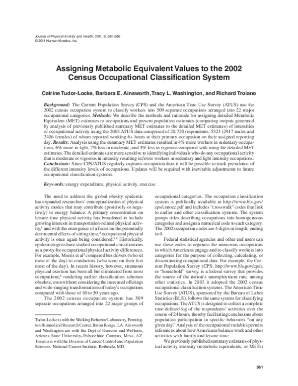 (PDF) Assigning Metabolic Equivalent Values to the 2002 Census ...