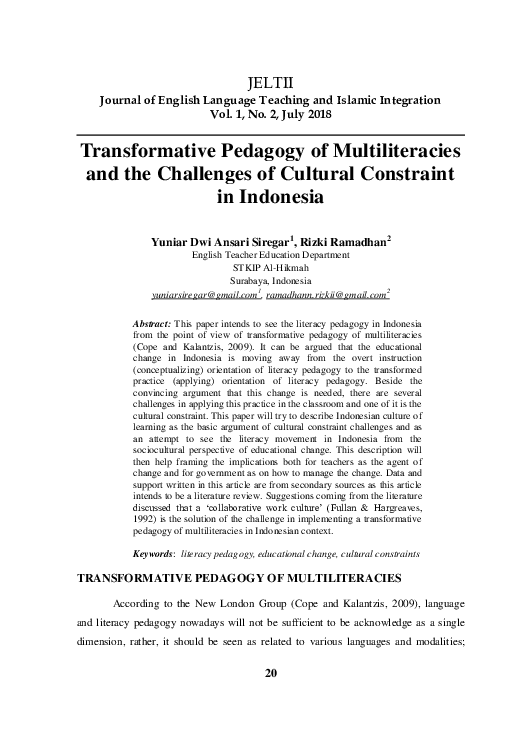 (PDF) Transformative Pedagogy of Multiliteracies and the Challenges of Cultural Constraint in ...