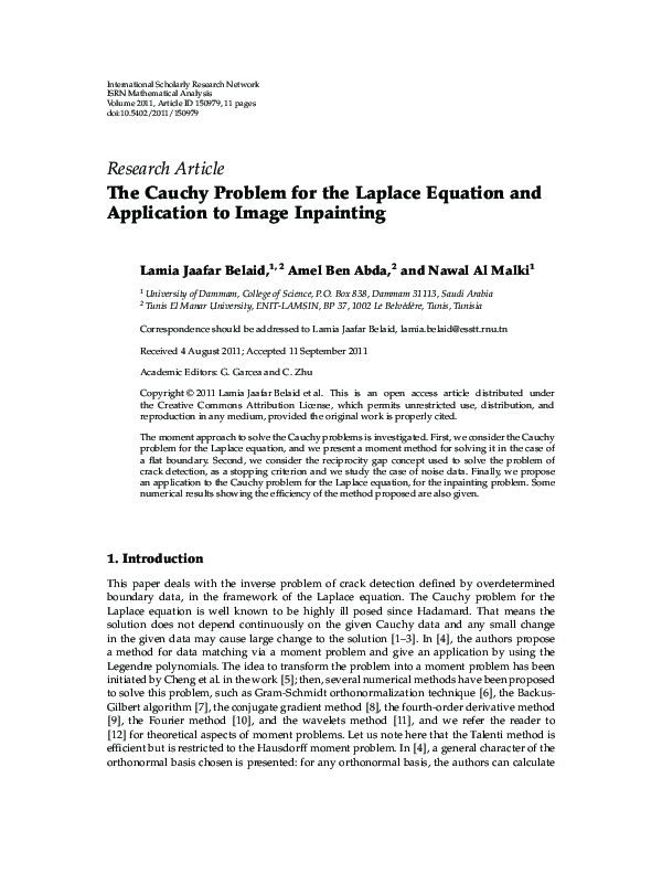 (PDF) Cauchy Problem for Laplace Equation in Inpainting