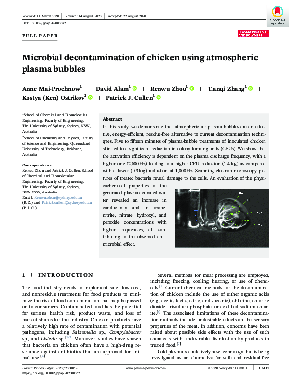(PDF) Microbial decontamination of chicken using atmospheric plasma bubbles