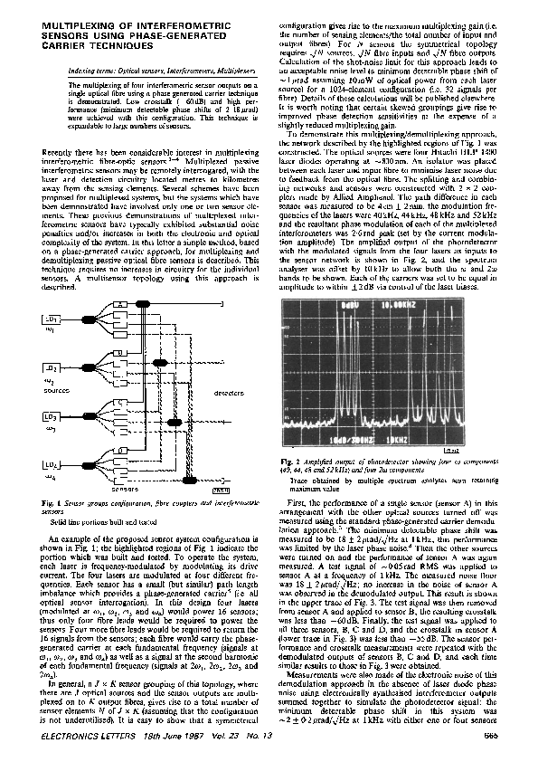 Pdf Multiplexing Of Interferometric Sensors Using Phase Generated Carrier Techniques Alan