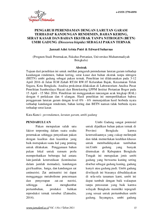 (PDF) PENGARUH PERENDAMAN DENGAN LARUTAN GARAM TERHADAP KANDUNGAN RENDEMEN, BAHAN KERING, SERAT ...