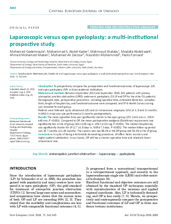 Pdf Laparoscopic Versus Open Pyeloplasty A Multi Institutional