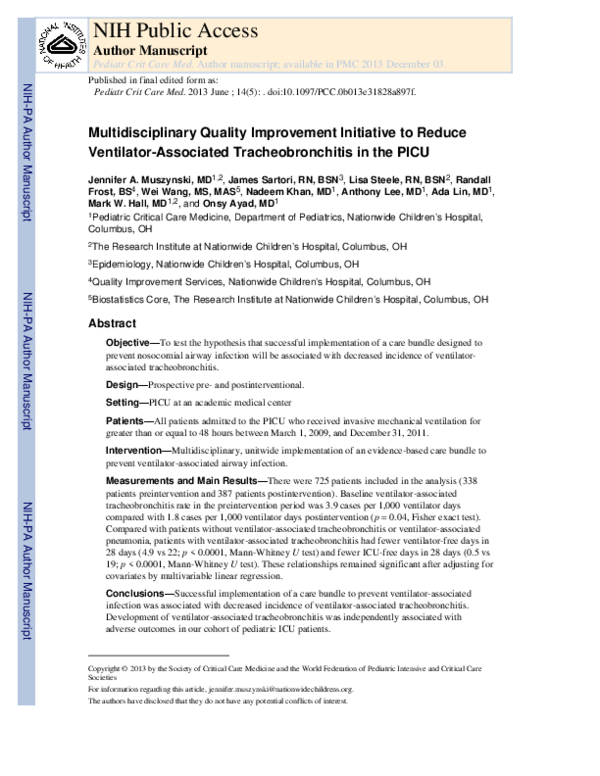 (PDF) Multidisciplinary Quality Improvement Initiative to Reduce Ventilator-Associated ...