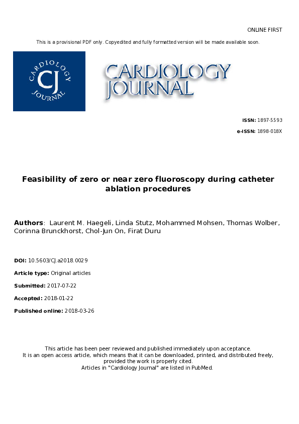(PDF) Feasibility of zero or near zero fluoroscopy during catheter ...