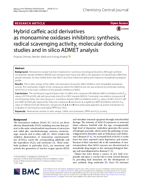 (PDF) Hybrid caffeic acid derivatives as monoamine oxidases inhibitors: synthesis, radical ...
