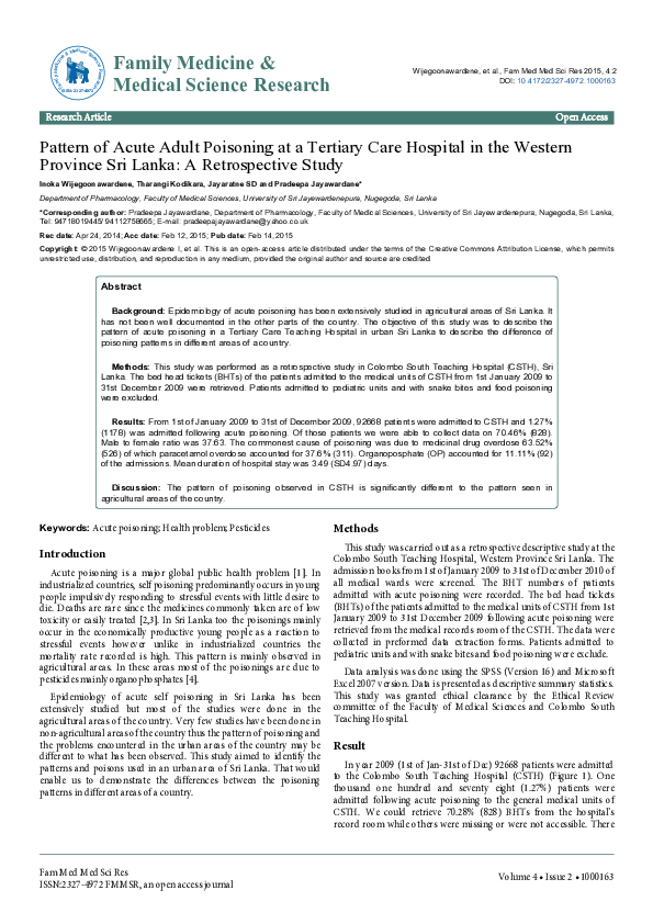 (PDF) Pattern of Acute Adult Poisoning at a Tertiary Care Hospital in ...