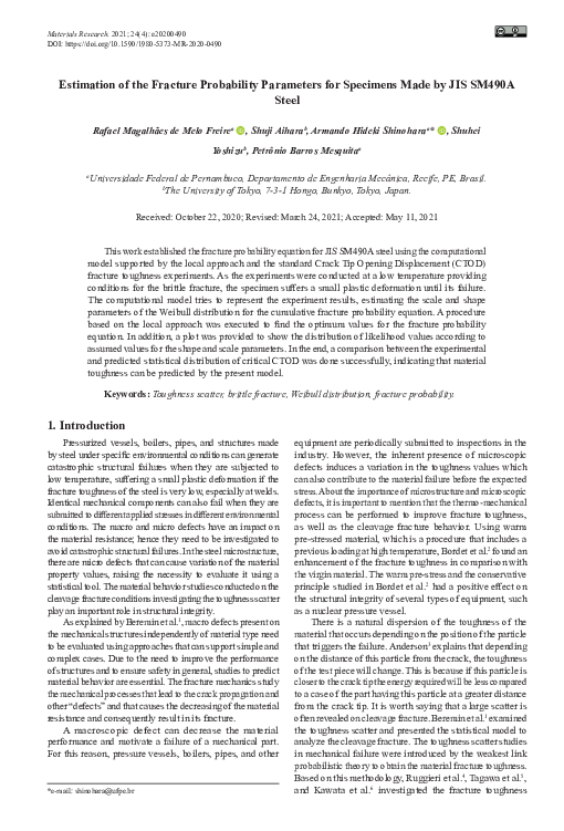 (PDF) Estimation of the Fracture Probability Parameters for Specimens Made by JIS SM490A Steel