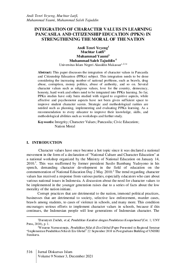 (PDF) INTEGRATION OF CHARACTER VALUES IN LEARNING PANCASILA AND ...
