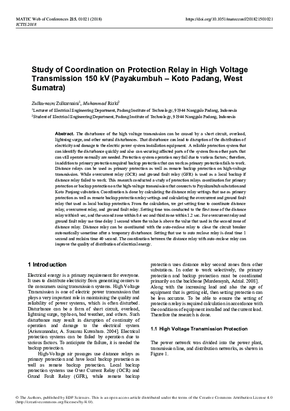 (PDF) Study of Coordination on Protection Relay in High Voltage Transmission 150 kV (Payakumbuh ...