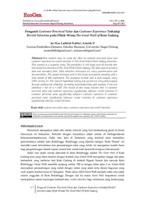 (PDF) Pengaruh Customer Perceived Value Dan Customer Experience Terhadap Revisit Intention Pada ...