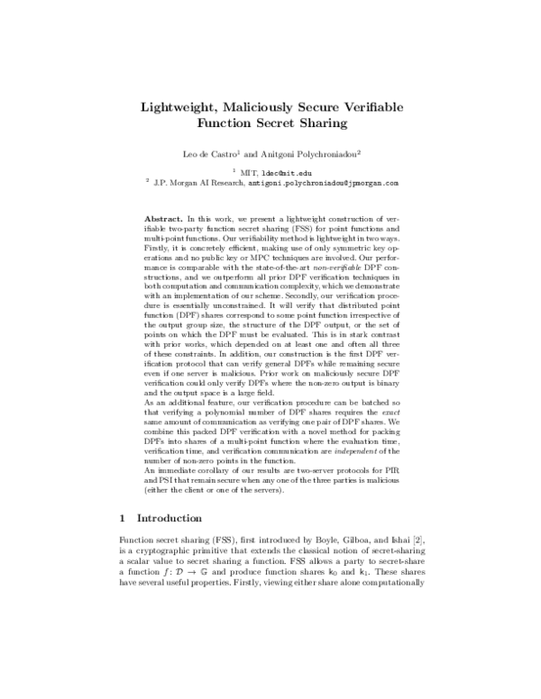 (PDF) Lightweight, Verifiable Function Secret Sharing and its Applications