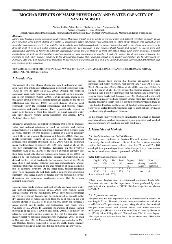 (PDF) Biochar Effects on Maize Physiology and Water Capacity of Sandy ...