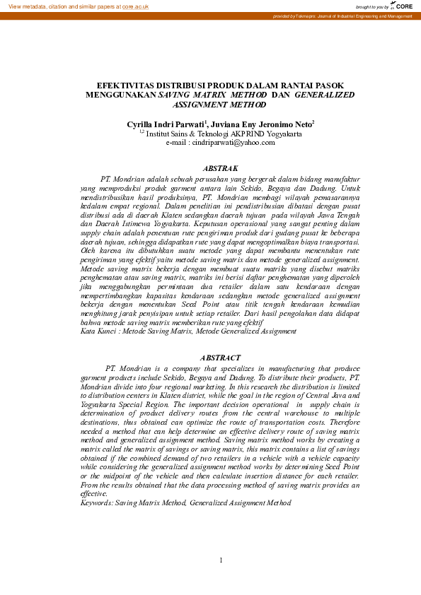 (PDF) Efektivitas Distribusi Produk Dalam Rantai Pasok Menggunakan Saving Matrix Method Dan ...