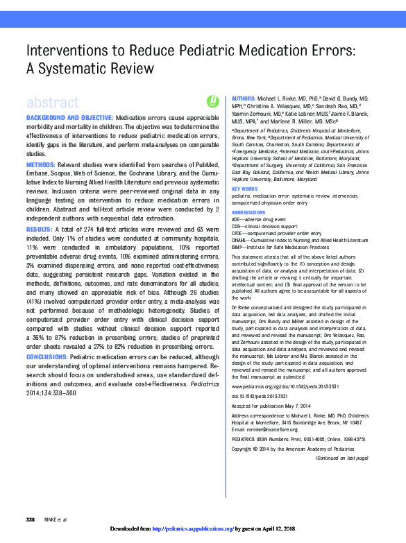 (PDF) Interventions to reduce pediatric medication errors: a systematic review | christina ...