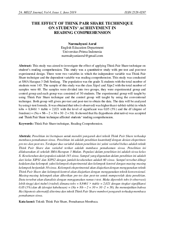 (PDF) The Effect of Think Pair Share Techhnique on Students ...