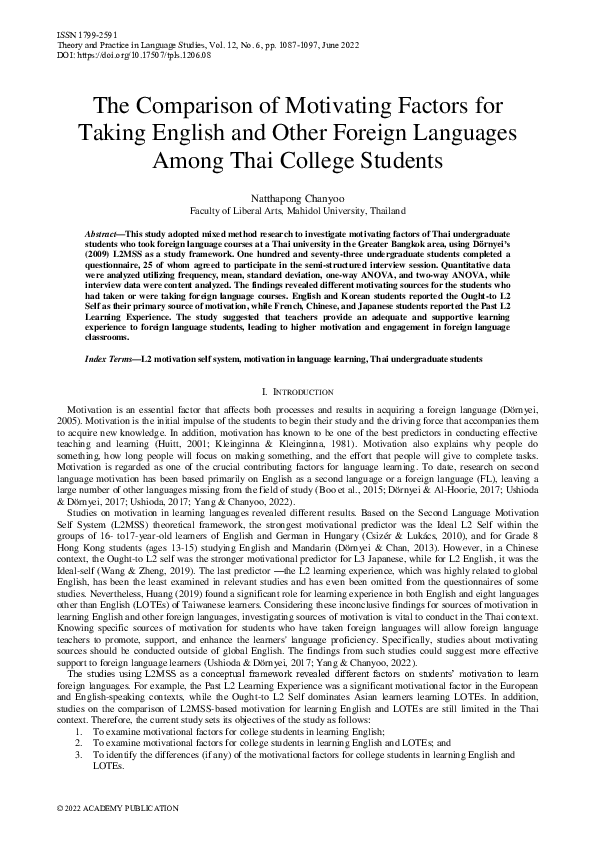 (PDF) The Comparison of Motivating Factors for Taking English and Other ... (PDF) The Comparison of Motivating Factors for Taking English and Other ...