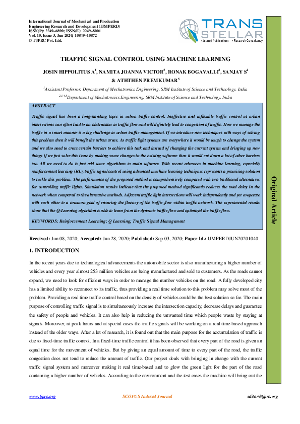 Pdf Traffic Signal Control Using Machine Learning