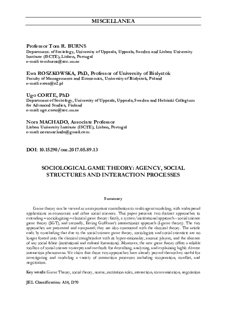 (PDF) Sociological Game Theory: Agency, Social Structures and ...