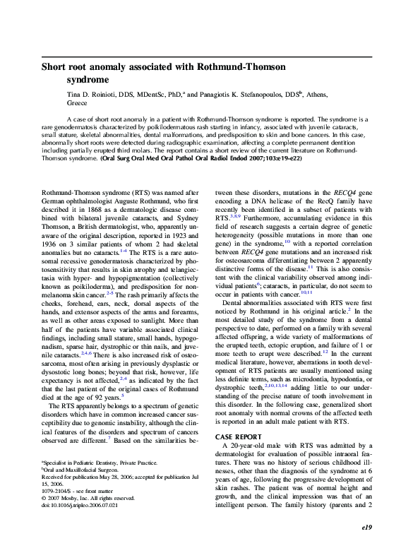 (PDF) Short root anomaly associated with Rothmund-Thomson syndrome