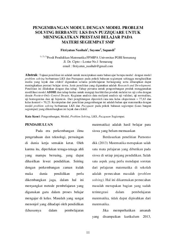 (PDF) Pengembangan Modul Dengan Model Problem Solving Berbantu LKS Dan Puzzquare Untuk ...