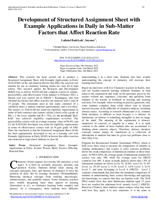 (PDF) Development of Structured Assignment Sheet with Example Applications in Daily in Sub ...