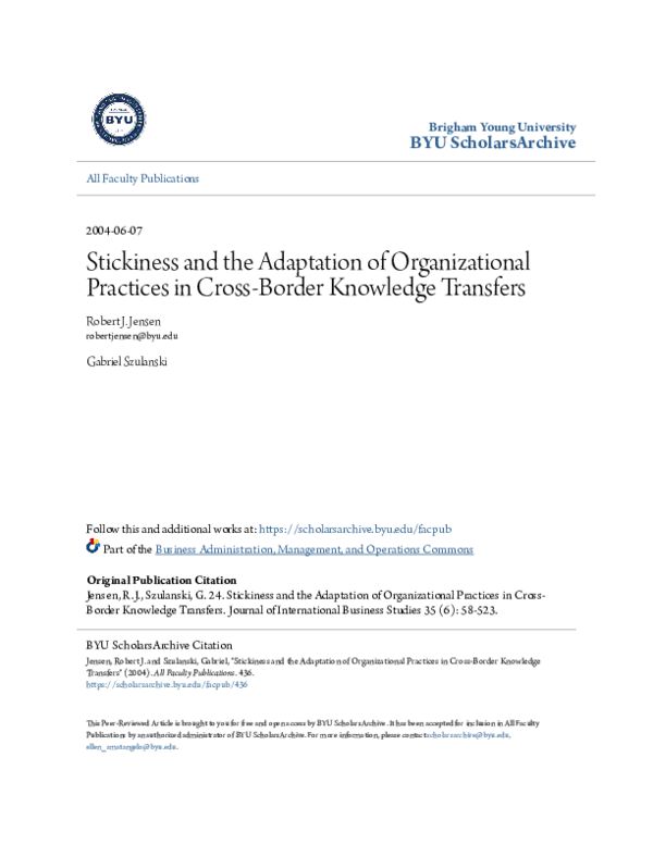 (PDF) Stickiness and the adaptation of organizational practices in ...