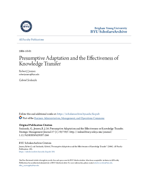 (PDF) Presumptive adaptation and the effectiveness of knowledge transfer