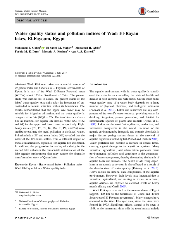 (PDF) Water quality status and pollution indices of Wadi El-Rayan lakes ...
