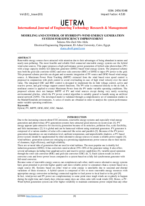 Pdf Modeling And Control Of Hybrid Pv Wind Energy Generation System For Efficiency Improvement