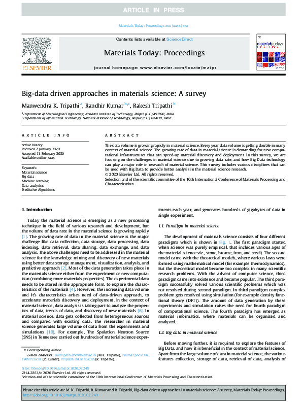 (PDF) Big-data driven approaches in materials science: A survey